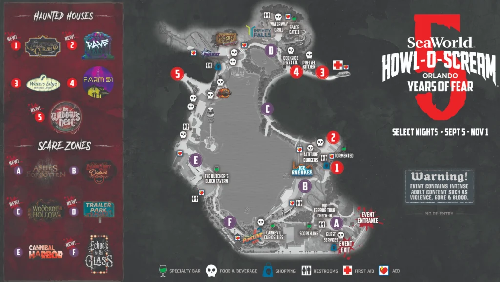 SeaWorld Orlando Howl-O-Scream Map (2025-2024) | ThemeParkBrochures.net